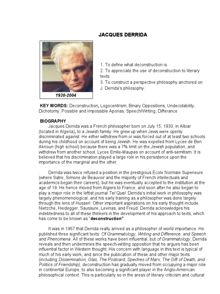 Jacques Derrida: Objectives | PDF | Deconstruction | Jacques Derrida