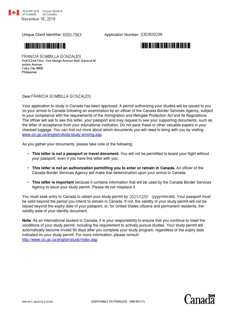 Study Permit Approval Letter | PDF | Travel Visa | Passport