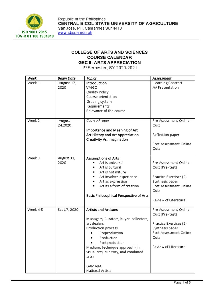 GEC 8 - Course Calendar PDF | PDF | Aesthetics | Paintings