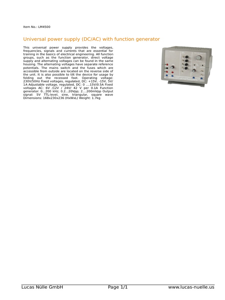 Universal Power Supply (Dc/Ac) With Function Generator: Lucas Nülle ...