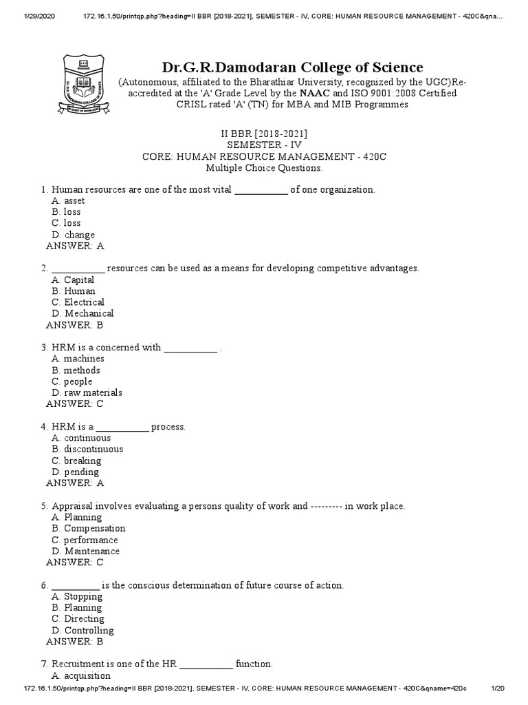 Multiple Choice Questions from Human Resource Management Course on Job ...