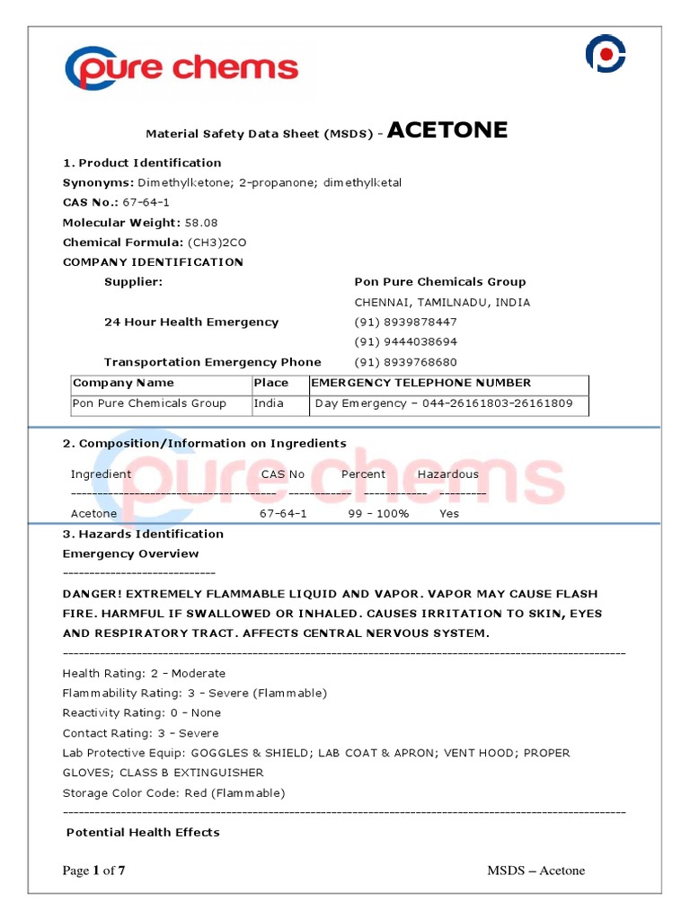 Acetone Msds | PDF | Dangerous Goods | Breathing