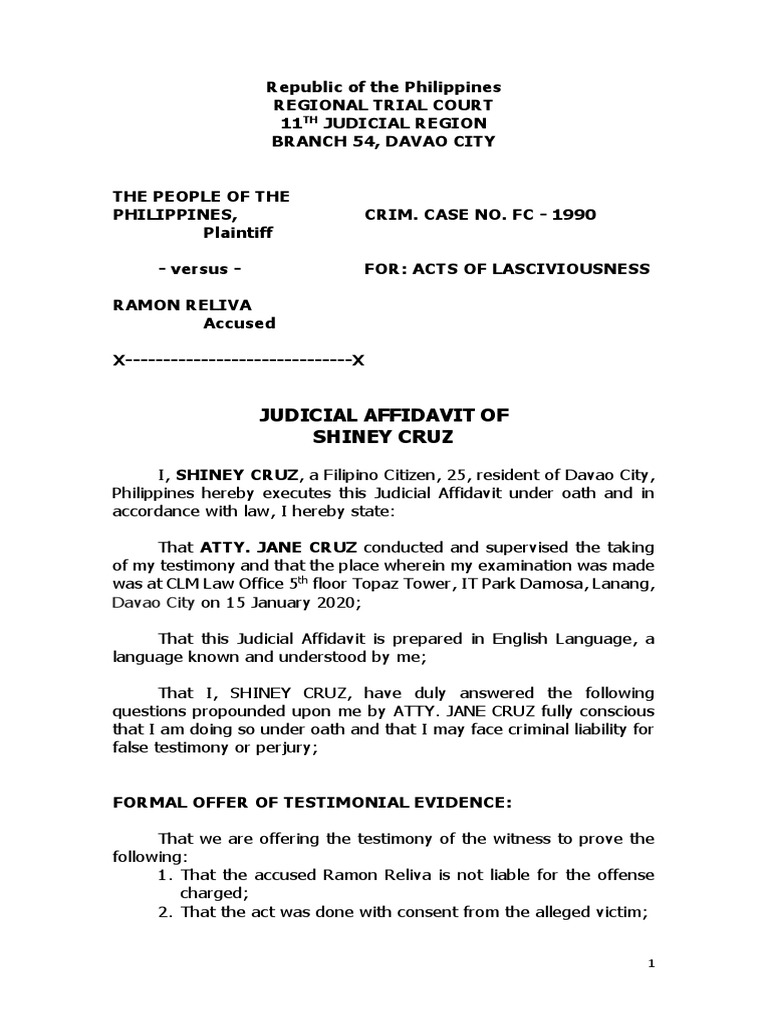 Judicial Affidavit: Shiney Cruz Testimony | PDF | Affidavit | Perjury