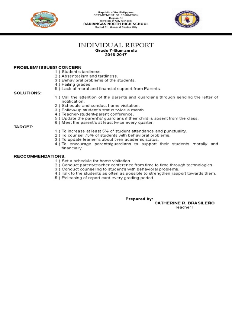 Individual Report: Grade 7-Gumamela 2016-2017 | PDF | Classroom | Teachers