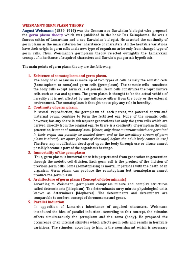 Germ Plasm Theory: August Weismann | PDF | Heredity | Reproduction