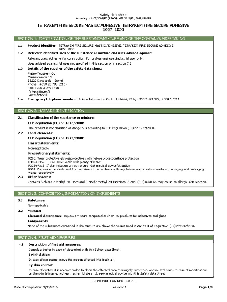Tetrakem Fire Secure Adhesive SDS | PDF | Toxicity | Personal ...