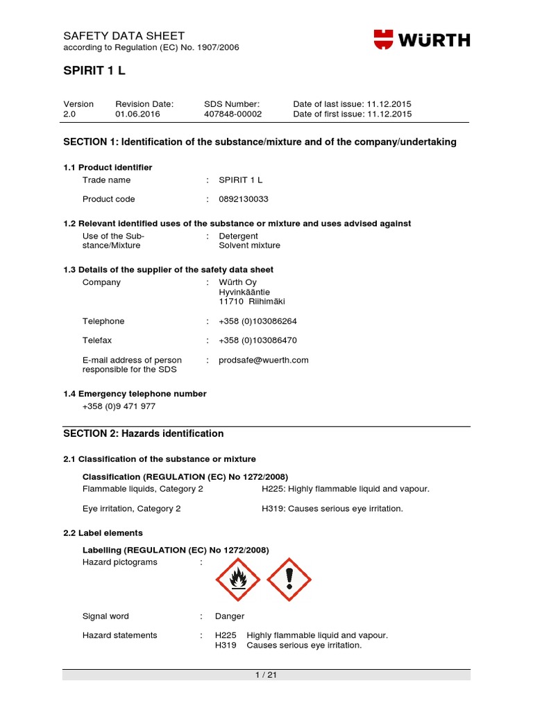 MSDS Sprii Wmax Würth (EN) | PDF | Dangerous Goods | Toxicity