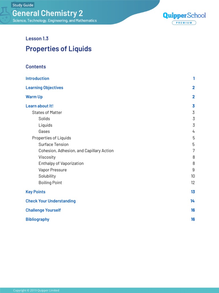 Lesson 1.3 Properties of Liquids (Study Guide) | PDF | Liquids | Solution
