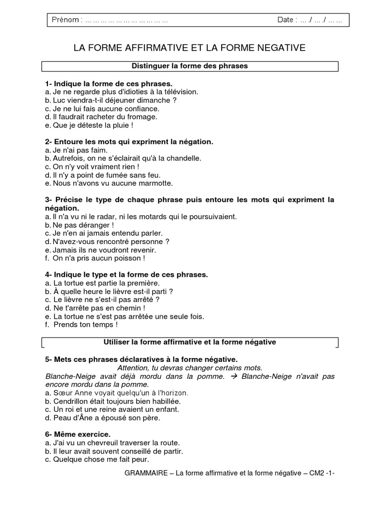 Exercices sur la forme négative CM2 | PDF