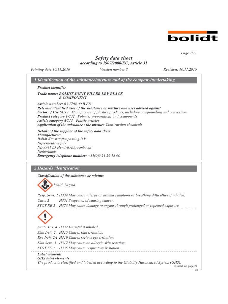 Bolidt Joint Filler LBV Black MSDS | PDF | Dangerous Goods ...