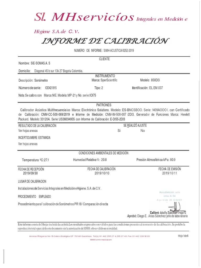 Certificado de Calibracion de Sonometro | PDF | Calibración | Metrología