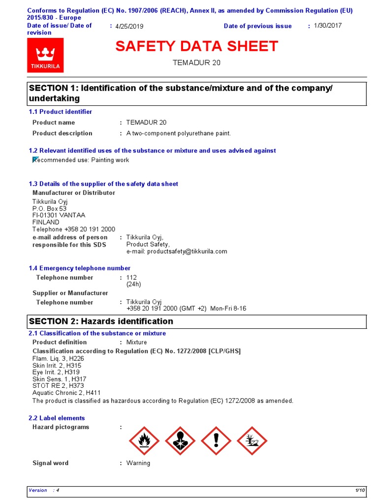 Safety Data Sheet for TEMADUR 20: A Two-Component Polyurethane Paint | PDF | Occupational Safety ...