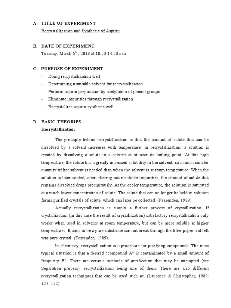 Purification of Aspirin Through Recrystallization and Analysis of its ...