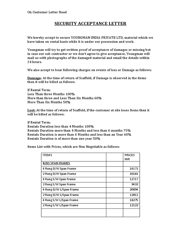 Security Acceptance Letter: Damage: at The Time of Return of Scaffold ...