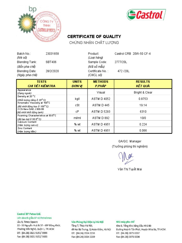 Certificate Of Quality: Chứng Nhận Chất Lượng | PDF