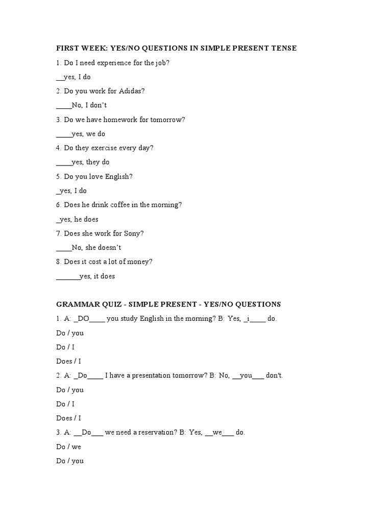 Simple Present Yes/No Questions Practice: Reviewing Common Grammar ...