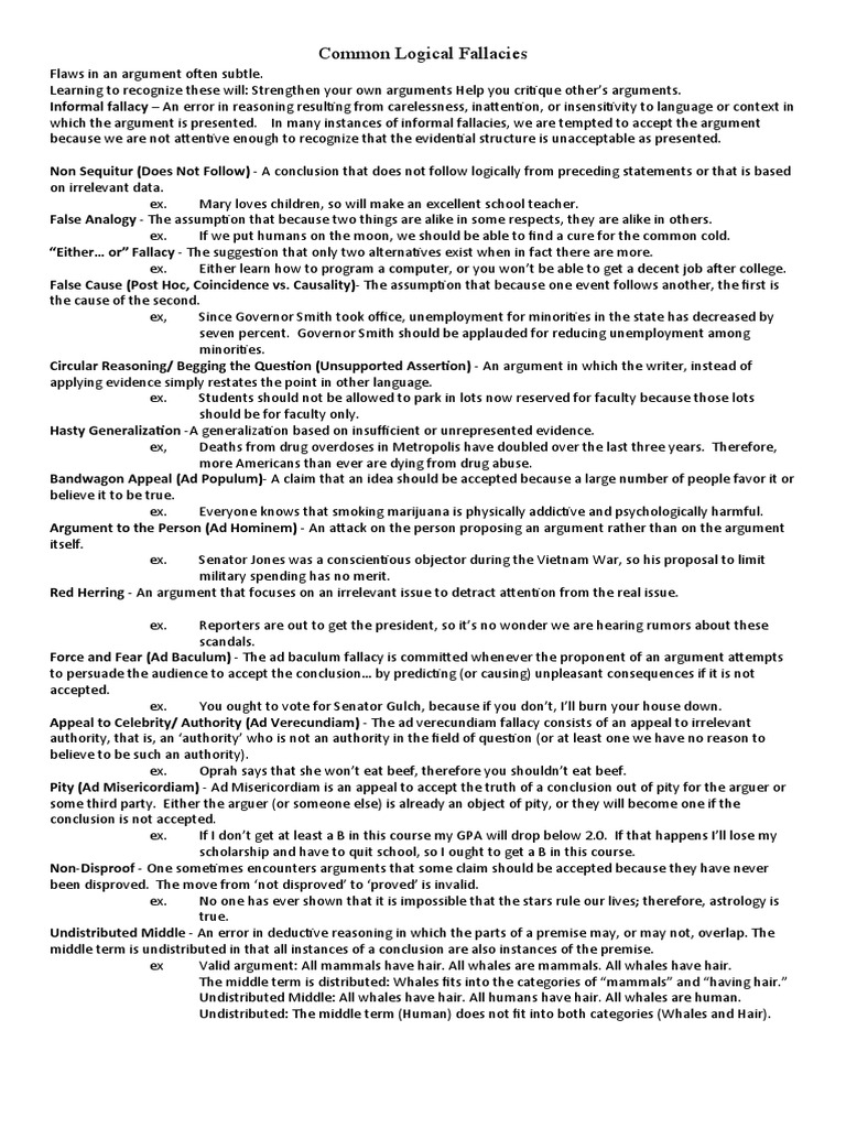 Fallacies Handout Pdf Fallacy Argument