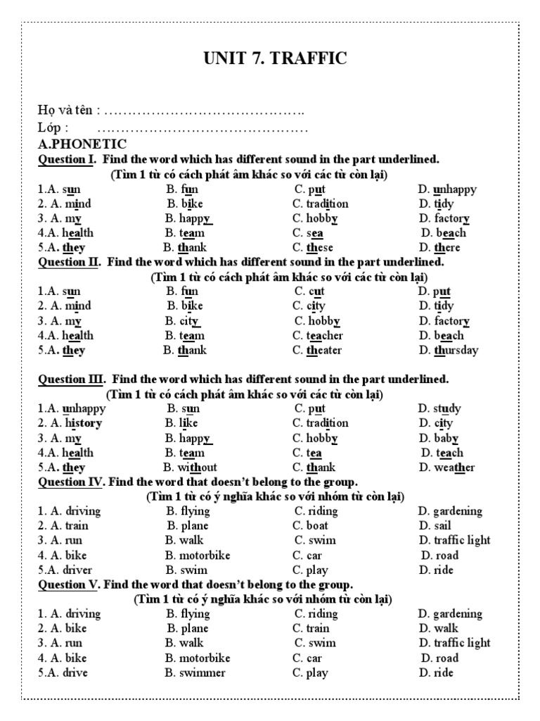 Unit 7. Traffic: Họ và tên: ……………………………………. Lớp: ……………………………………… | PDF | Language Arts ...