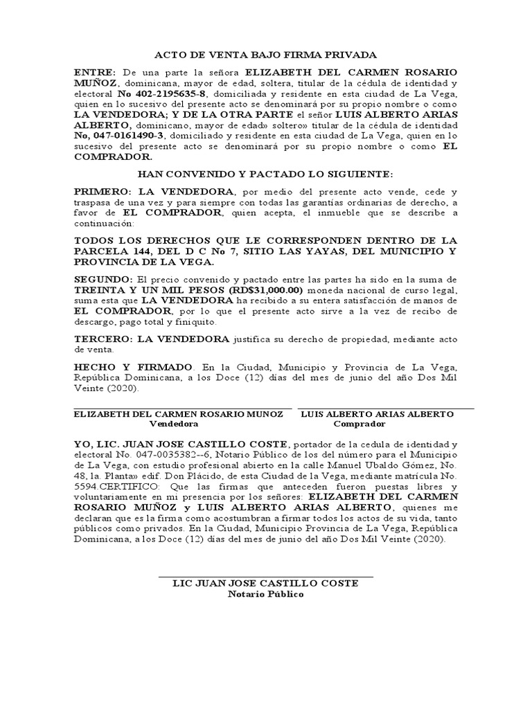 Acta de Venta de Terreno en La Vega | PDF | República Dominicana | Gobierno