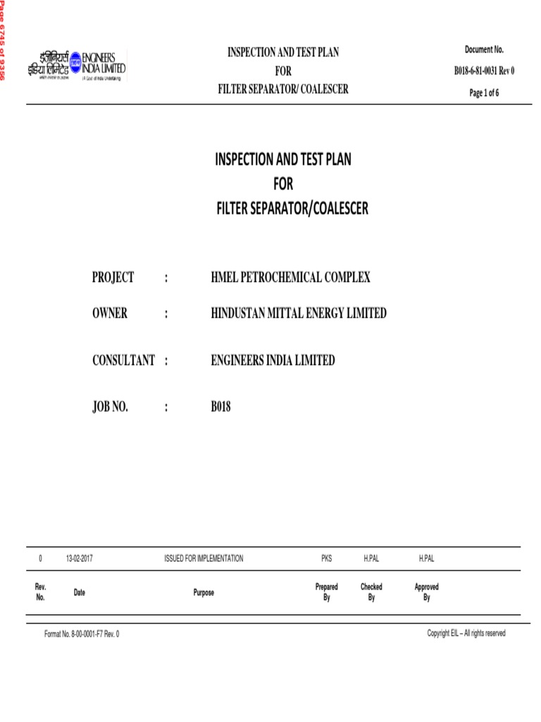 Inspection and Test Plan FOR Filter Separator/Coalescer | PDF ...