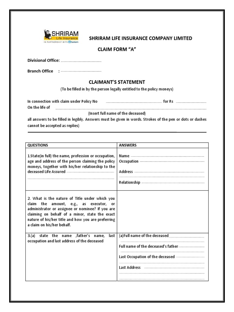 Shriram Life Insurance Company Limited Claim Form "A": Divisional ...