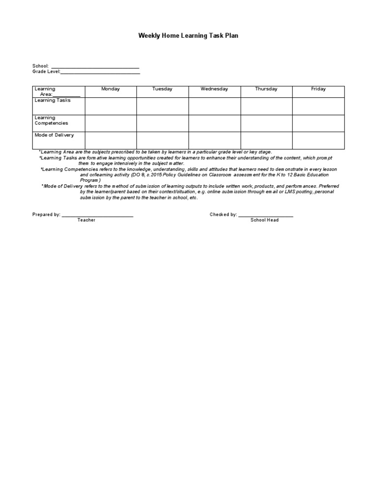 Weekly Home Learning Task Overview | PDF