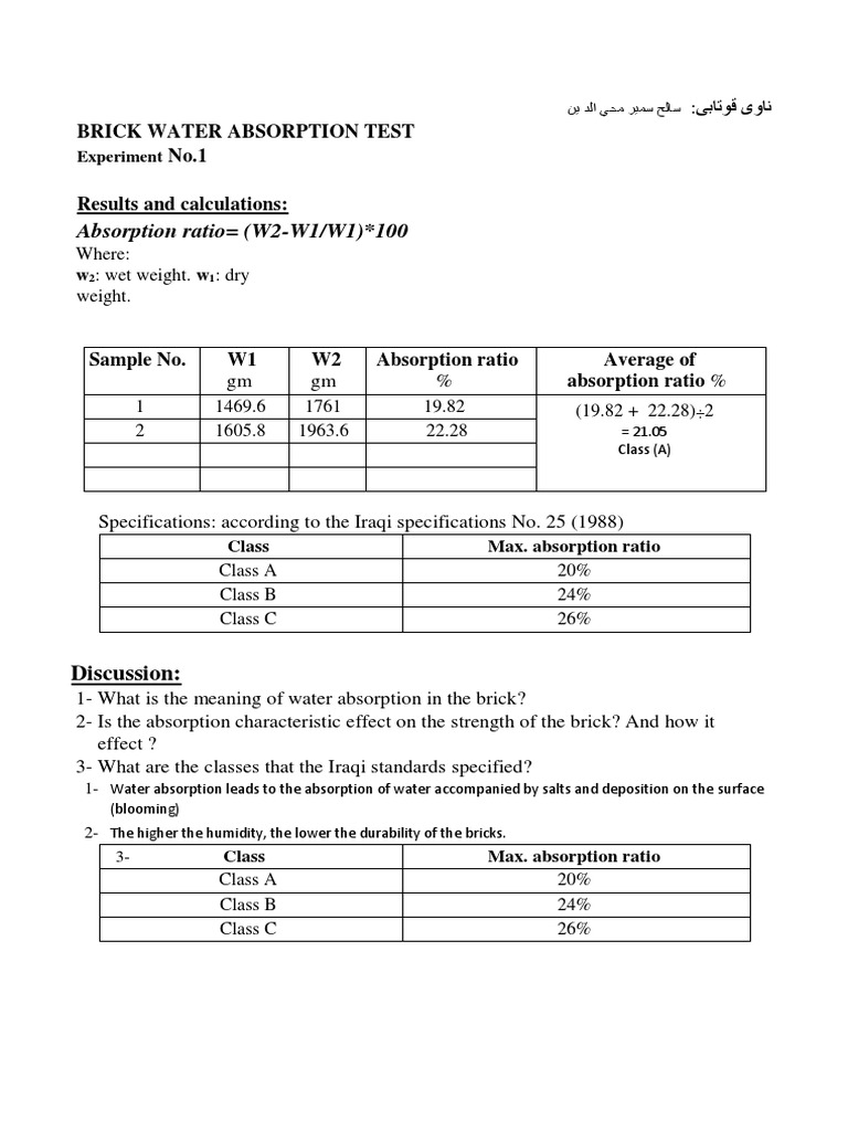 Absorption Ratio (W2-W1/W1) 100: Brick Water Absorption Test No.1 ...