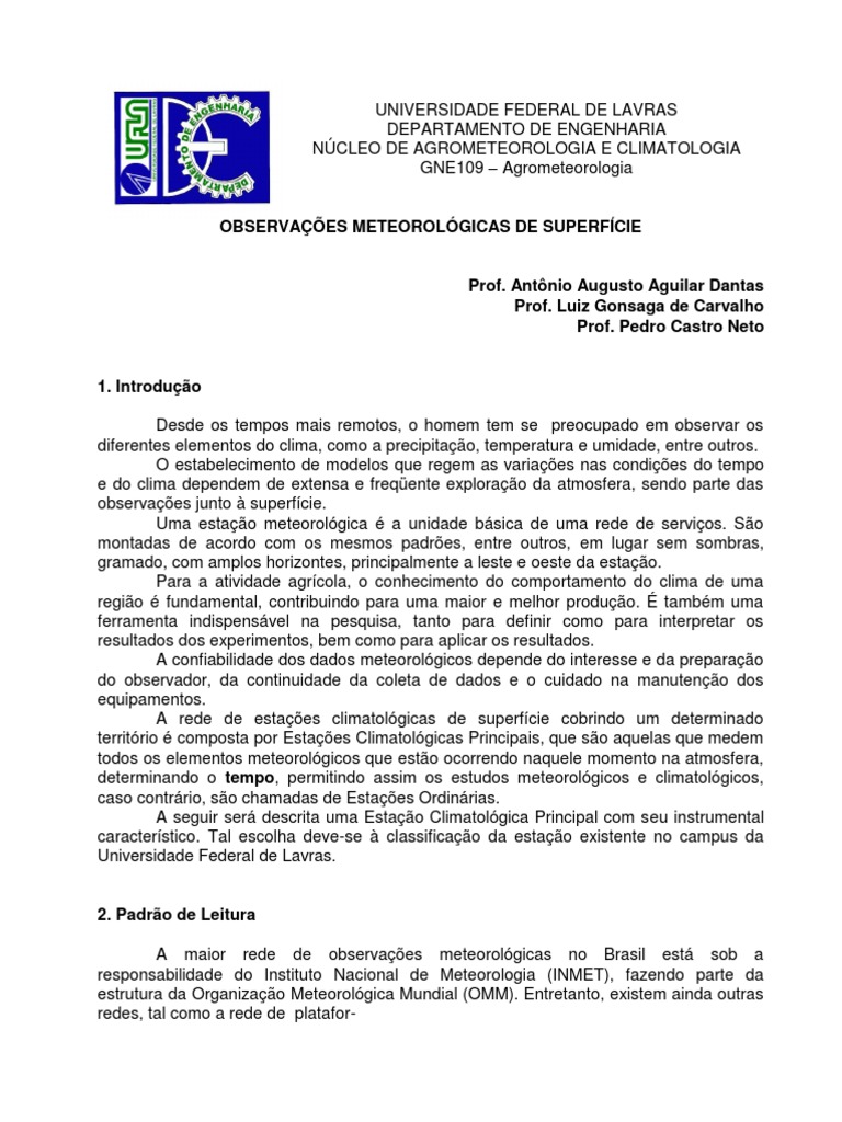 Material Complementar - Aula 2 - OBSERVACOES METEOROLOGICAS DE SUPERFICIE PDF | PDF | Termômetro ...