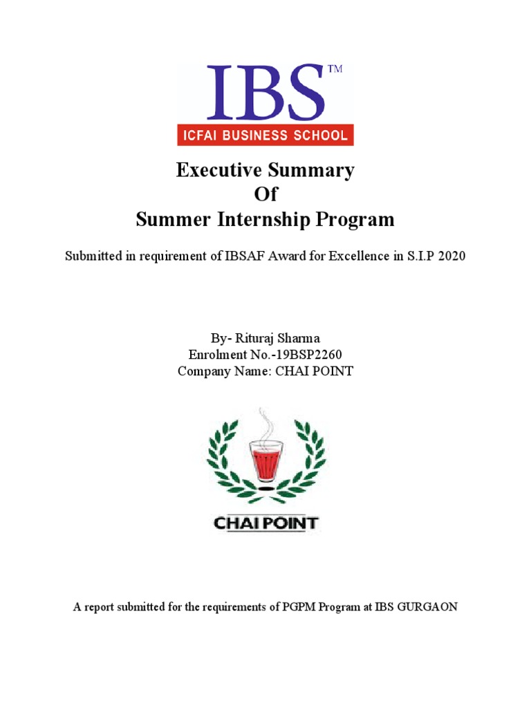 Executive Summary of Summer Internship Program: Submitted in ...