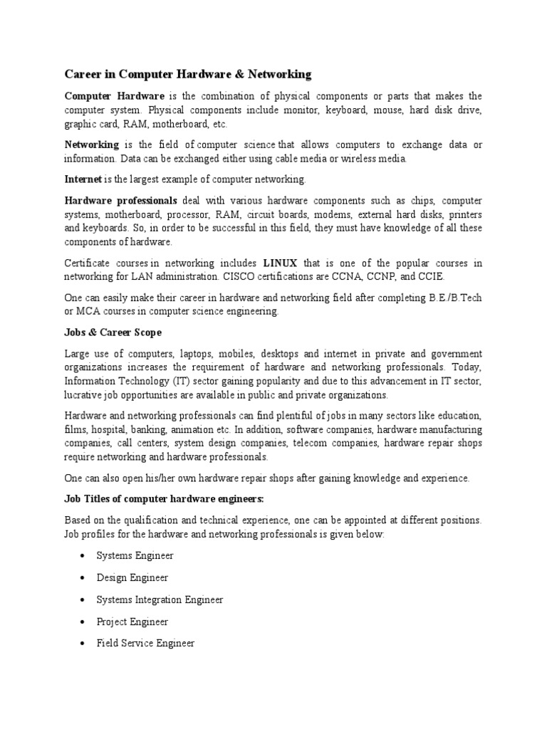 Career Opportunities in Computer Hardware Servicing | PDF | Computer ...