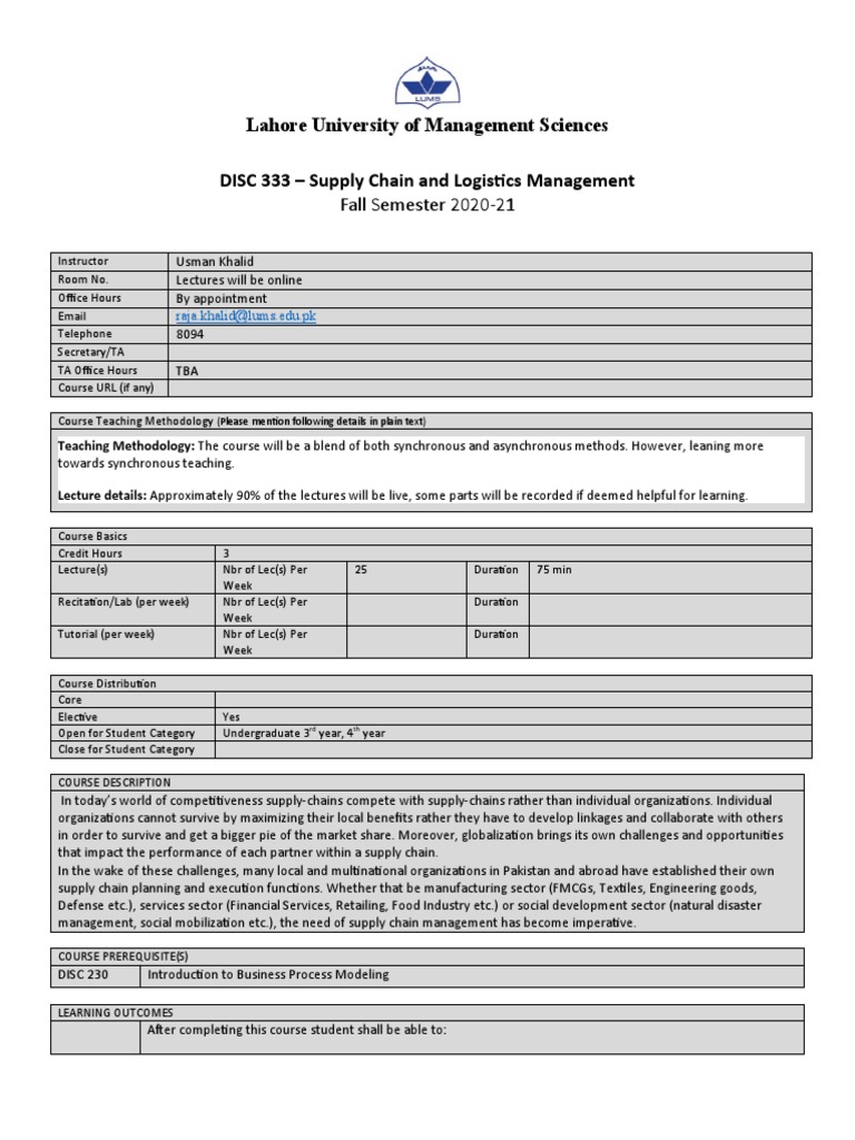 Lahore University of Management Sciences DISC 333 - Supply Chain and ...