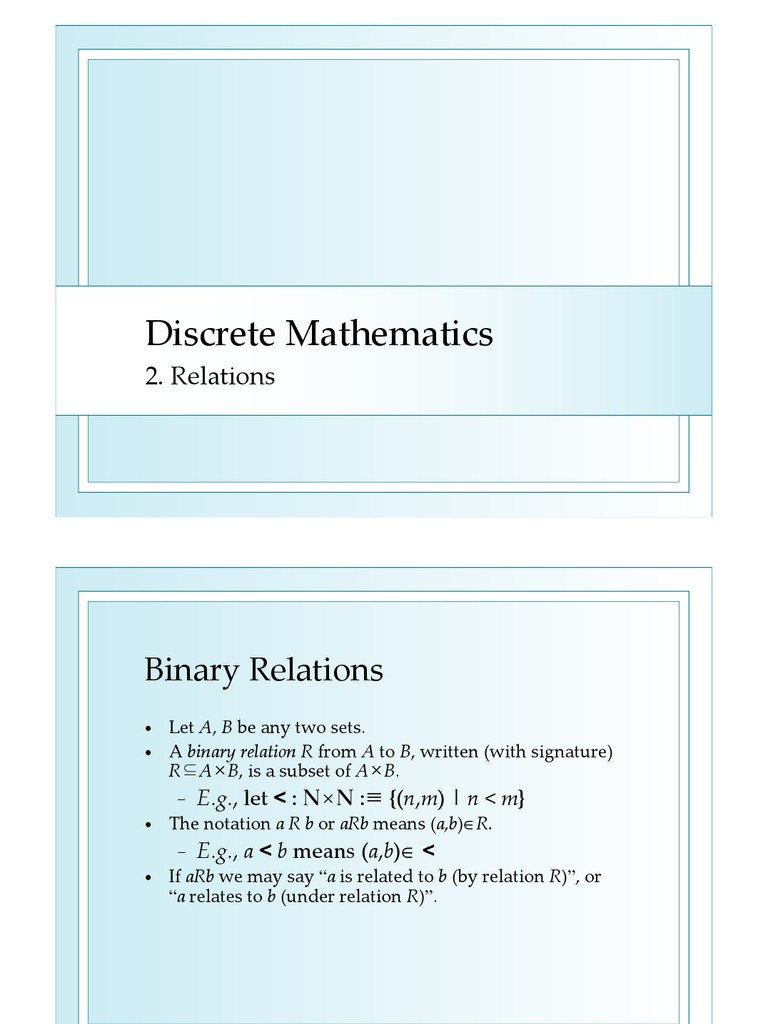 Discrete Mathematics: 2. Relations | PDF | Integer | Mathematical Concepts