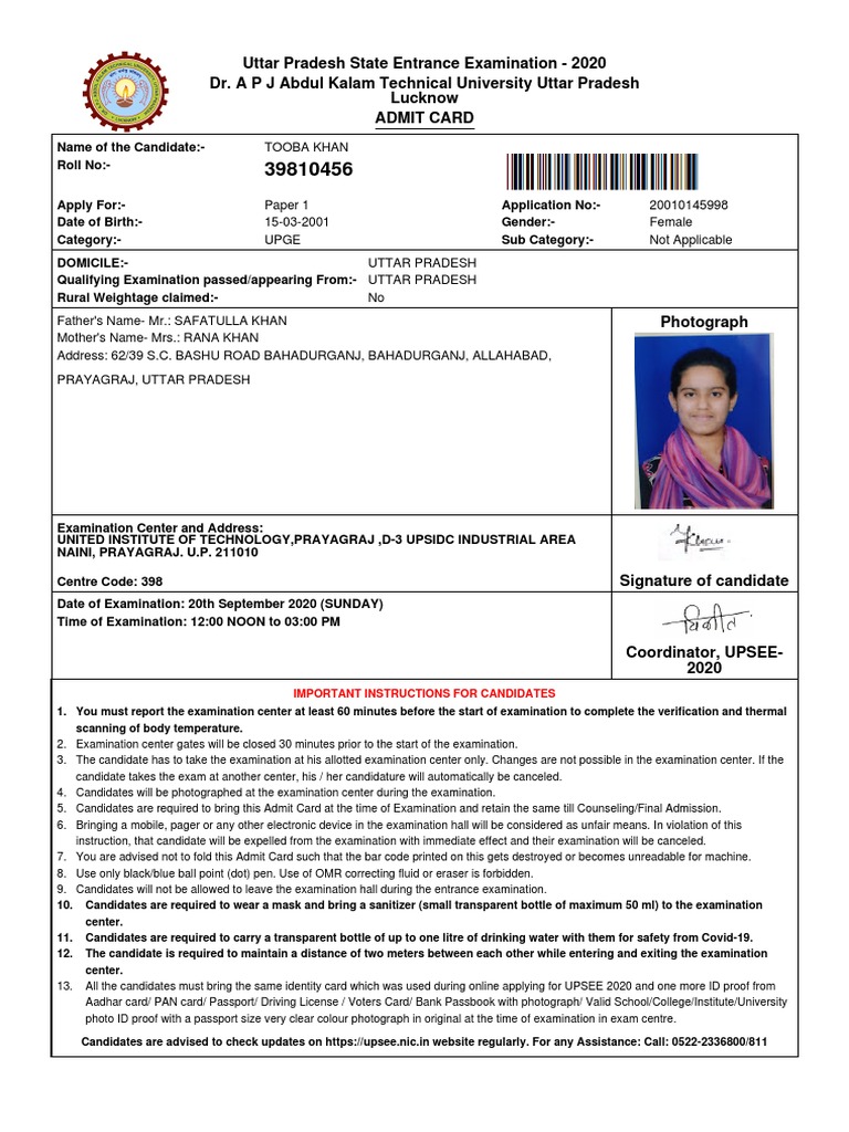 Uttar Pradesh State Entrance Examination - 2020 Dr. A P J Abdul Kalam Technical University Uttar ...