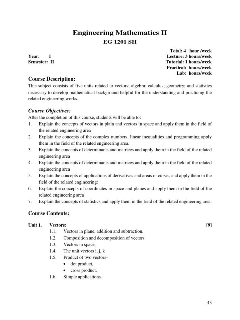 Engineering Mathematics II: Course Description | PDF | Vector Space | Curve