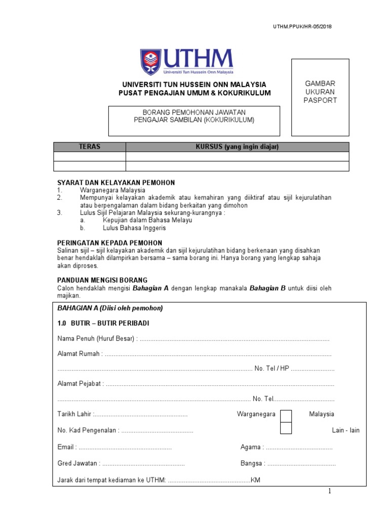 Borang Permohonan Pengajar Sambilan Koko Pdf