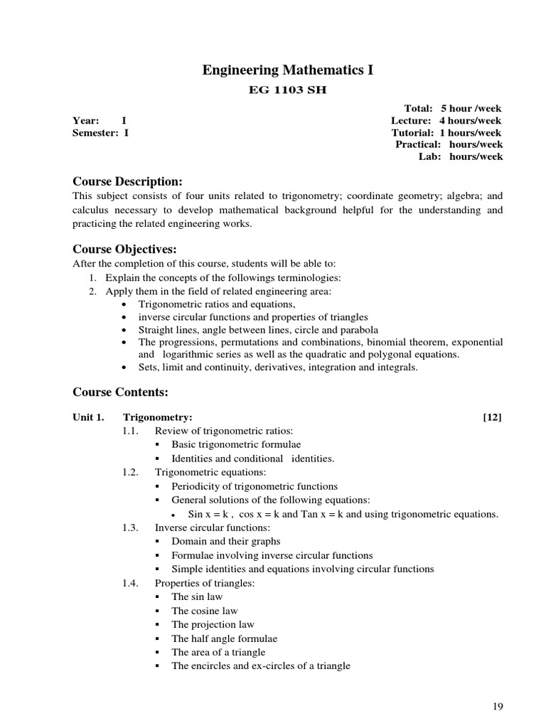 Engineering Mathematics I: Course Description | PDF | Trigonometric ...