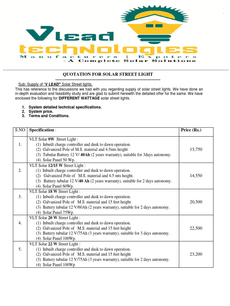 Quotation For Solar Street Light | PDF | Taxes | Value Added Tax