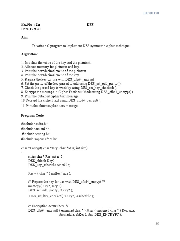 Ex - No:2a: DES Date:17.9.20 Aim | PDF | Cipher | Cryptography