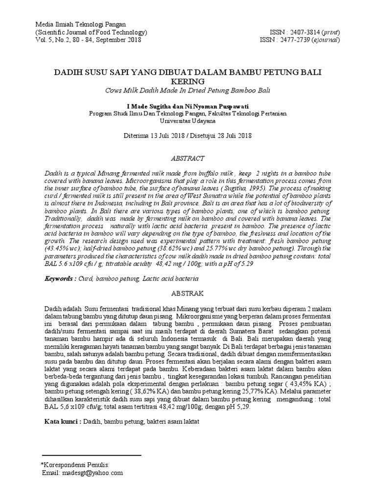 Dadih Susu Sapi Yang Dibuat Dalam Bambu Petung Bali Kering | PDF ...