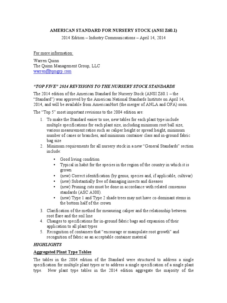 2014 ANSI Z60.1 Nursery Stock Revisions | PDF | Plant Nursery | Trees