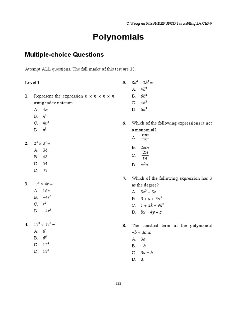 Polynomials: Multiple-Choice Questions | PDF | Numerical Analysis ...