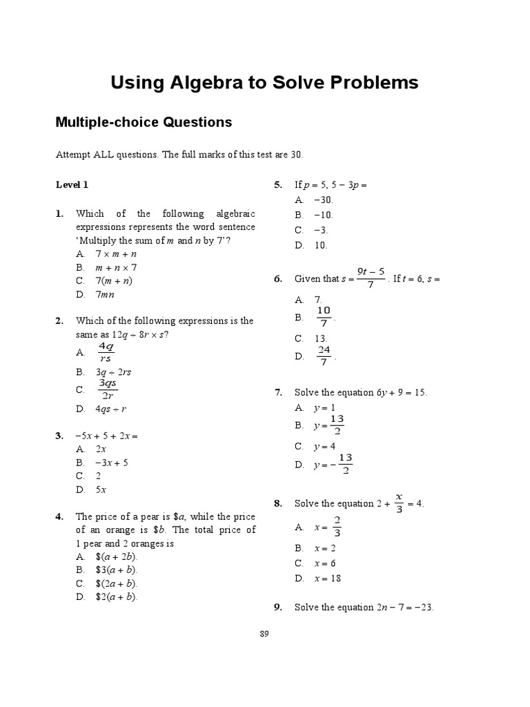 Using Algebra To Solve Problems: Multiple-Choice Questions | PDF ...