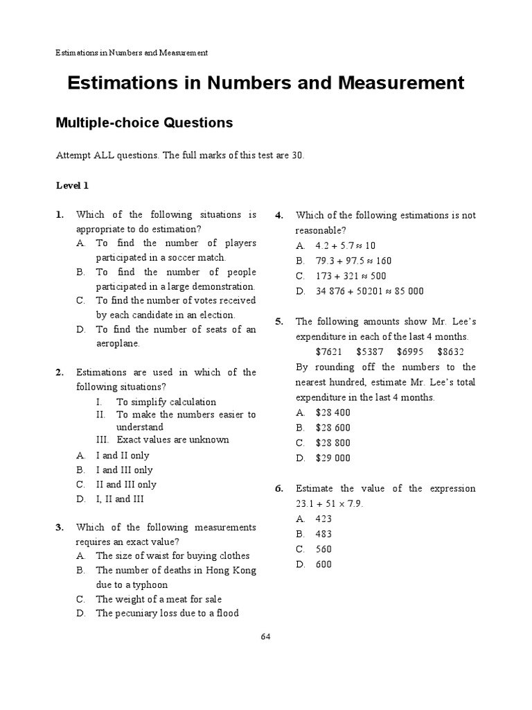 Estimations in Numbers and Measurement: Multiple-Choice Questions | PDF ...