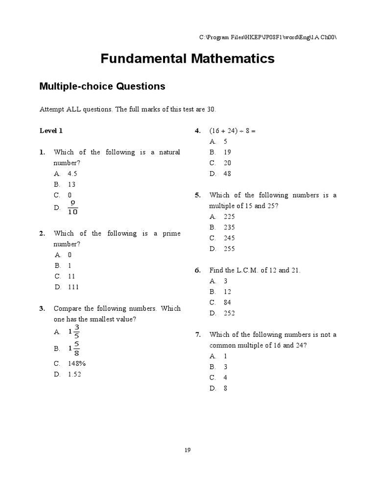 Fundamental Mathematics: Multiple-Choice Questions | PDF | Teaching ...