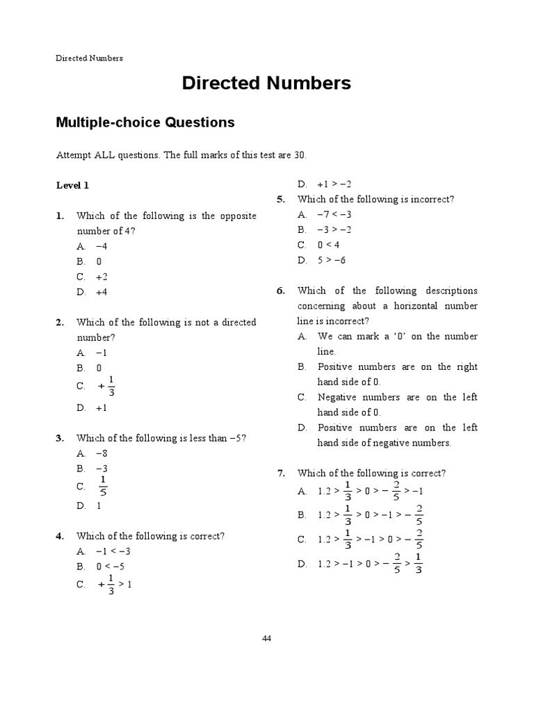 Directed Numbers: Multiple-Choice Questions | PDF | Multiple Choice ...