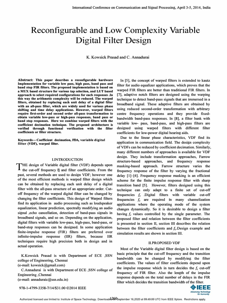 Reconfigurable and Low Complexity Variable Digital Filter Design | PDF | Low Pass Filter ...