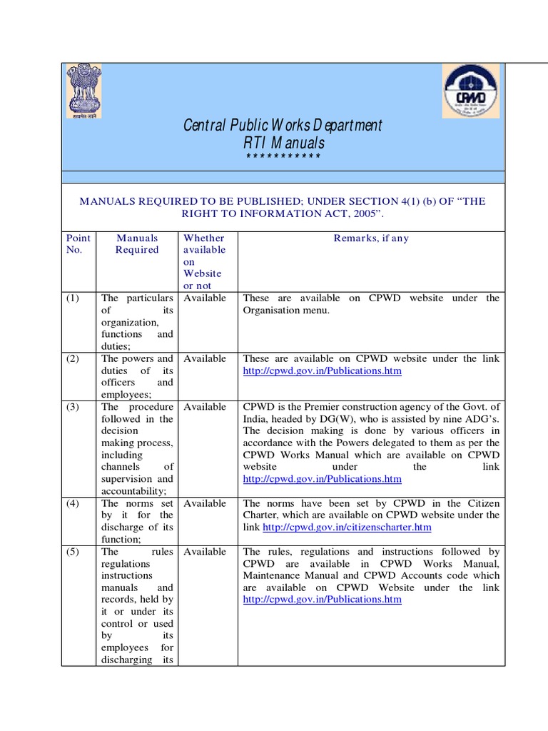 Central Public Works Department RTI Manuals | PDF | Policy | Justice