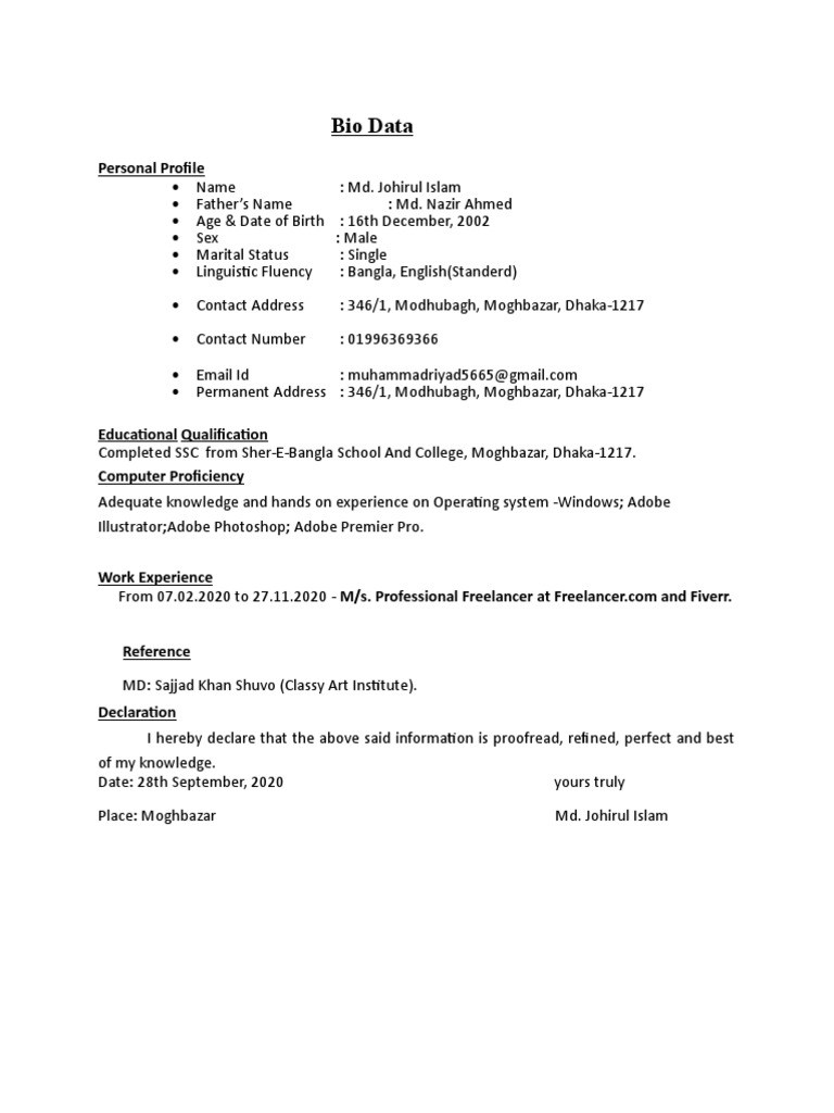 Biodata Format For Job Interview | PDF