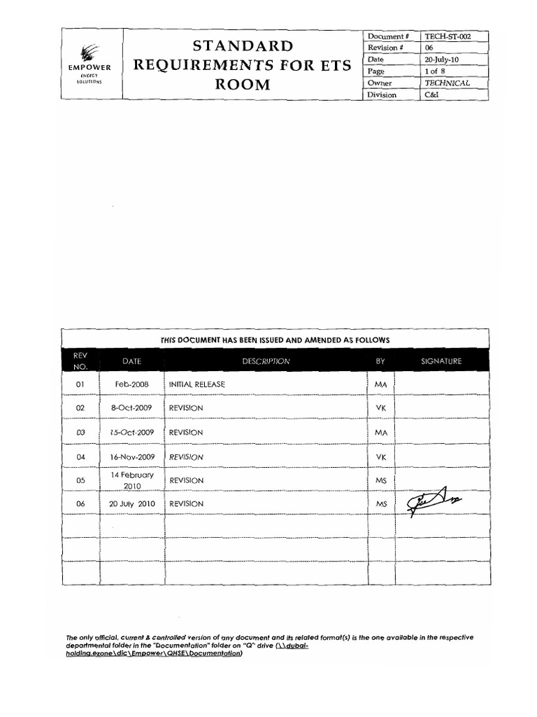 EmPower - TECH-ST-002 (STANDARD REQUIREMENTS FOR ETS ROOM) REV 06 | PDF