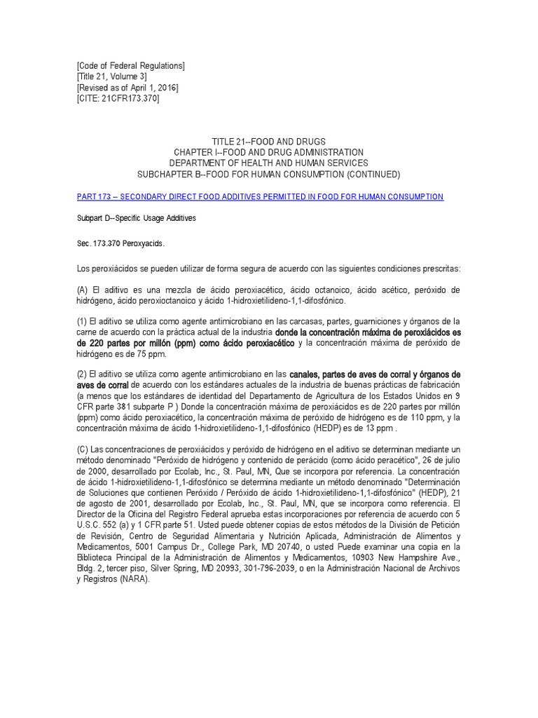 Code of Federal Regulations PARTE 173.370 Acido Peracetico 220 PPM ...